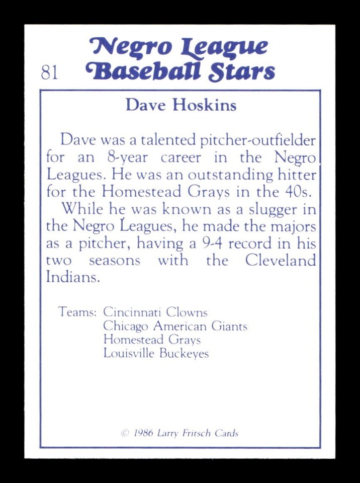 1986 Fritsch Negro League Stars #81 Dave Hoskins Clowns NEAR MINT *T6 ...
