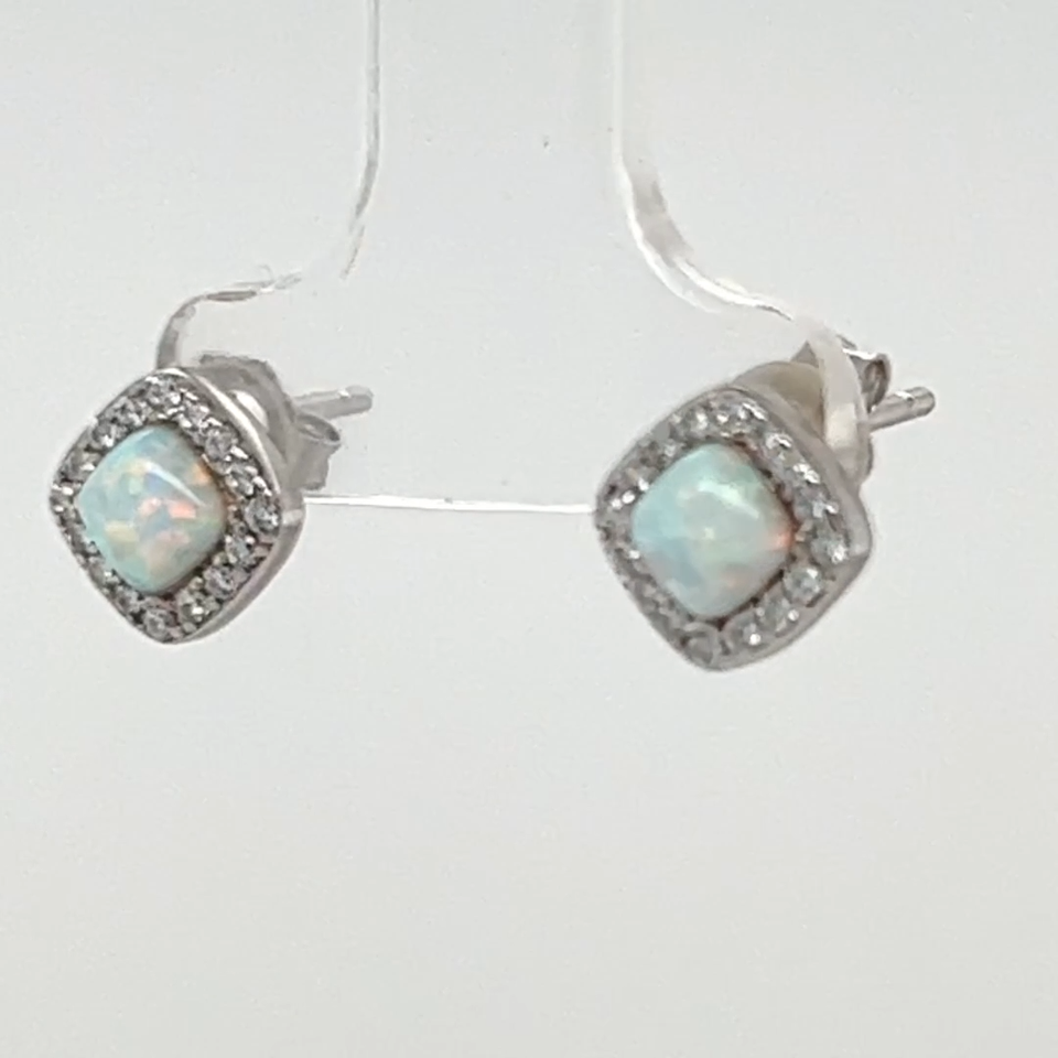 White Square FIRE OPAL Post / Stud Earrings with CZs - 925 STERLING ...