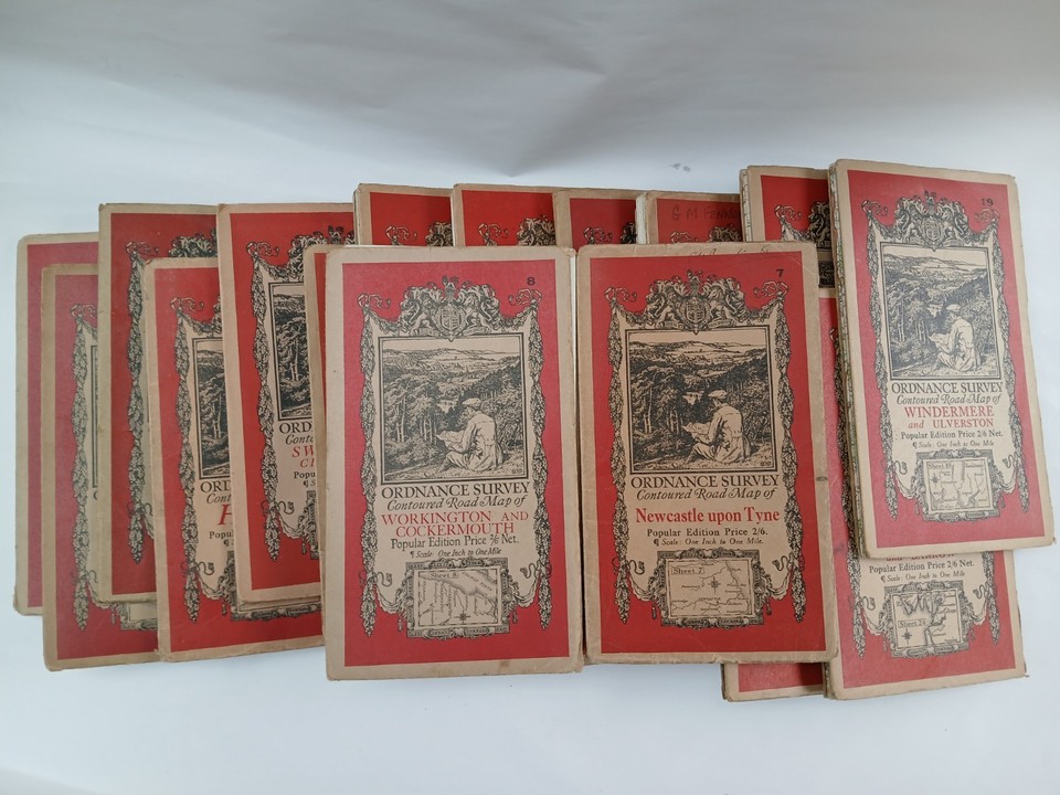 19 x Ordnance Survey Contour Road Maps, 1920s 1 inch to 1 mile linen ...