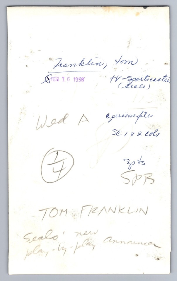 1956 TOM FRANKLIN, SEALS BASEBALL ANNOUNCER SPORTSCASTER Press Photo S1 ...