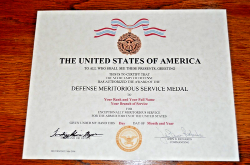 Defense Meritorious Service Medal Replacement Certificate United States ...