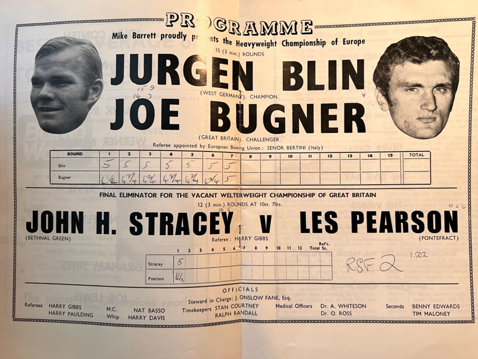JOE BUGNER v JURGEN BLIN, Albert Hall prog/ticket 10/10/1972 also ...