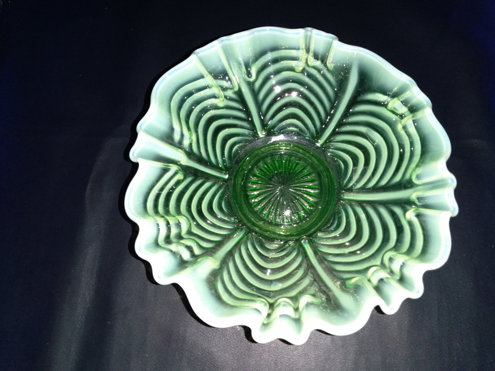 depression era opalescent vaseline glass ruffled wavey lines bright ...