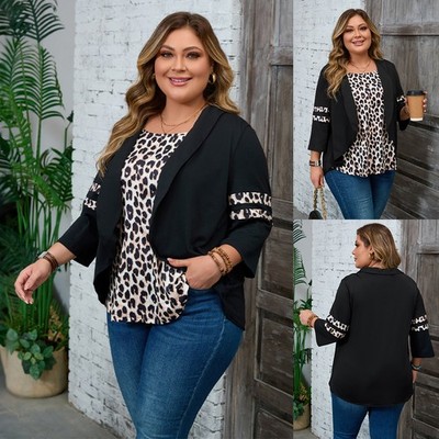 Plus Size Women Leopard Pullover Tops Long Sleeve Casual Blouse 3/4 ...