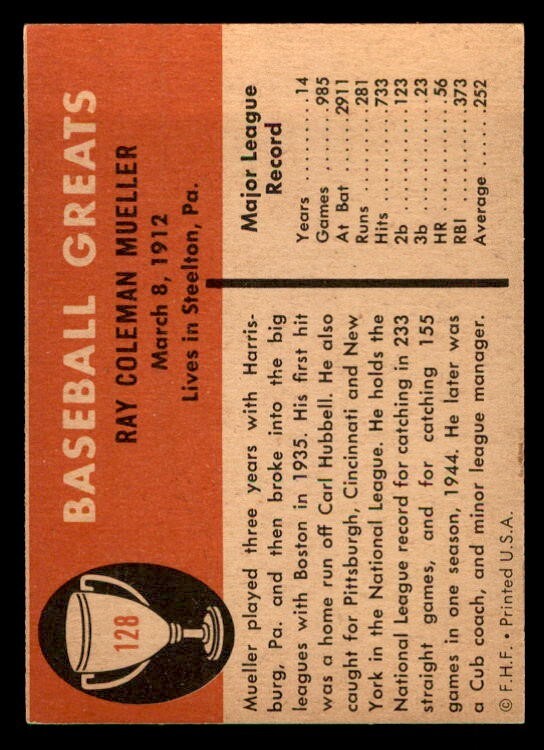 1961 Fleer Baseball Greats Baseball #128 Ray Mueller EX | eBay