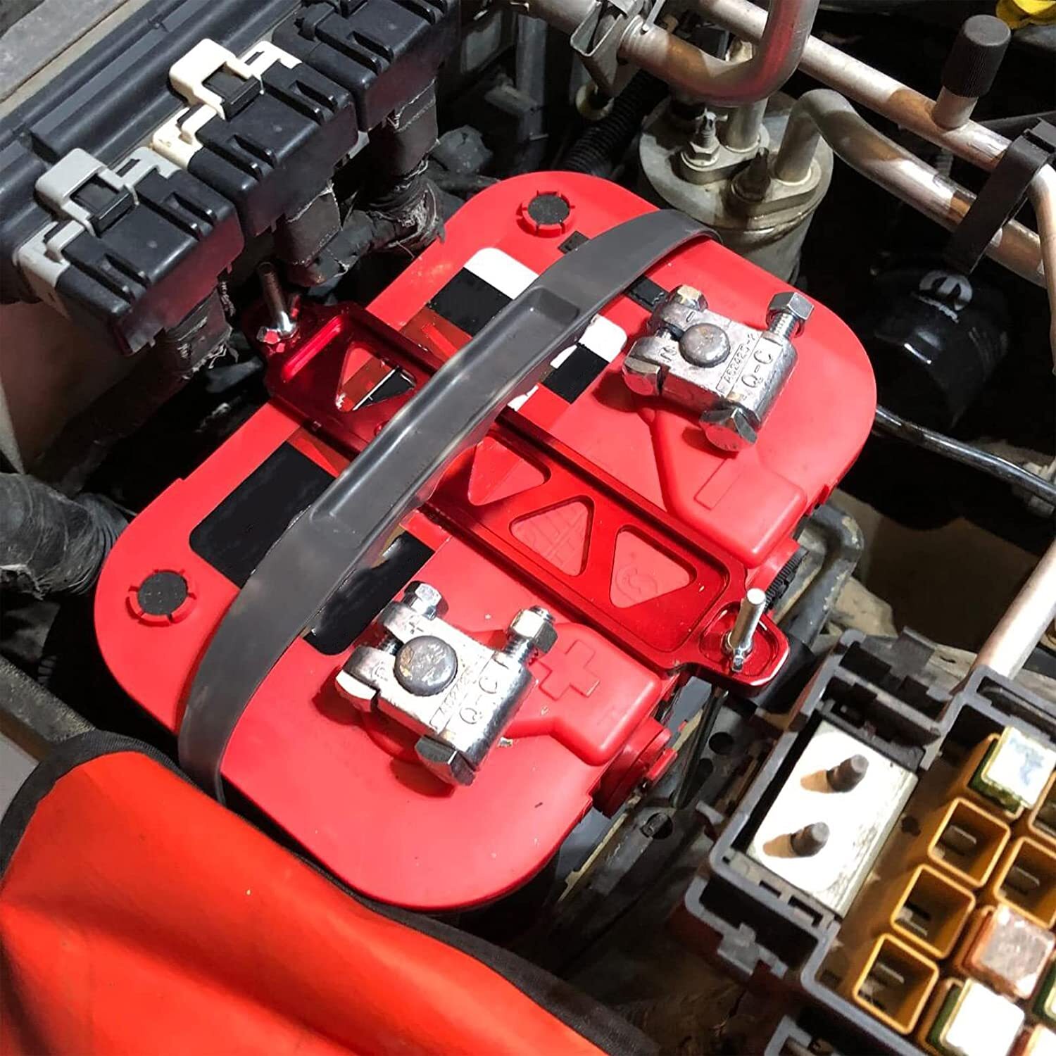 Red Aluminum Car Battery Tie Down Brace Holder Mount Bracket Kit With J ...