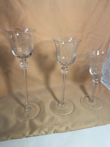Three Long Stem Etched Chrystal Candle Holders, 10 3/4, 9 3/4, & 7 7/8 ...