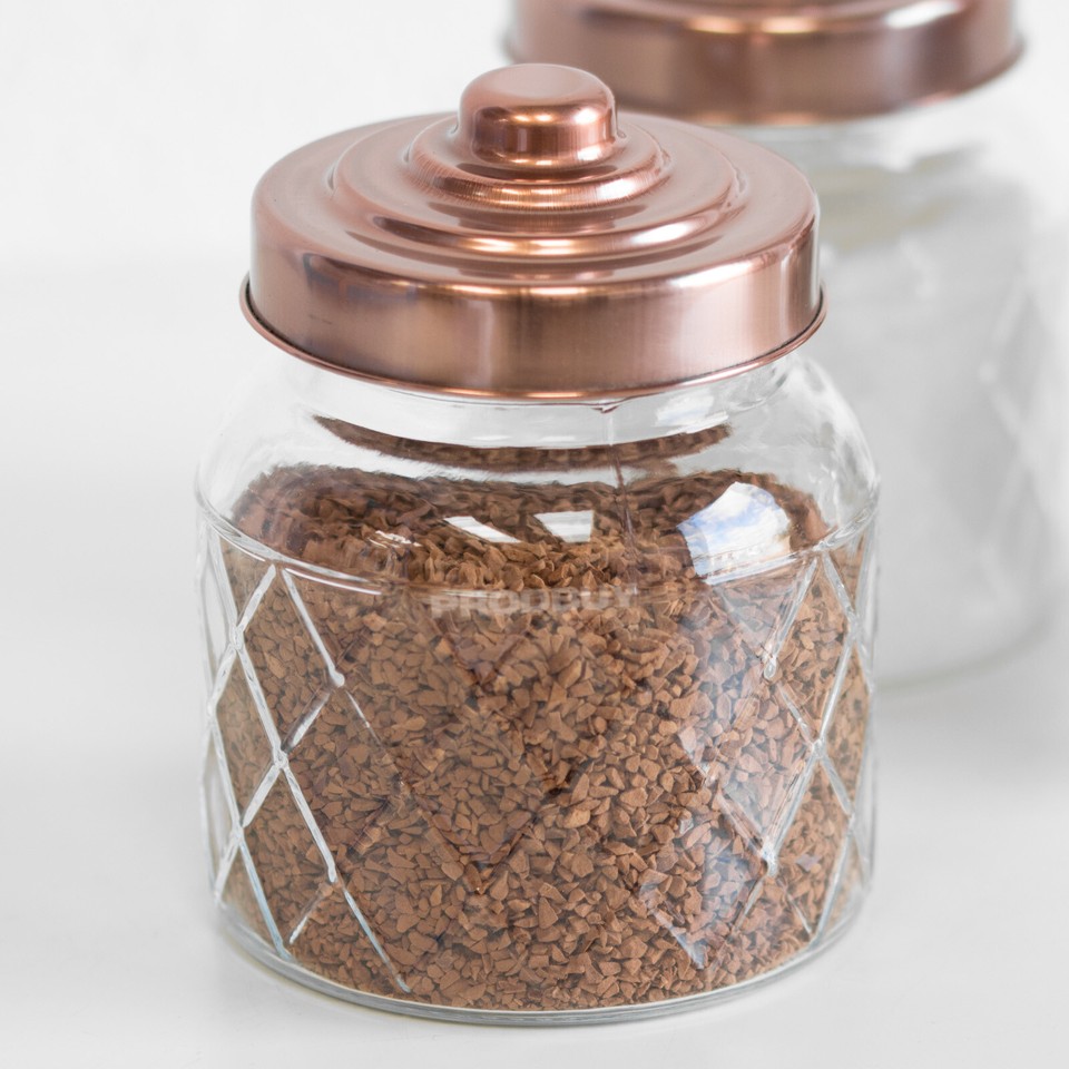 Set of 3 Glass Storage Jars Copper Lids Tea Coffee Sugar Kitchen ...