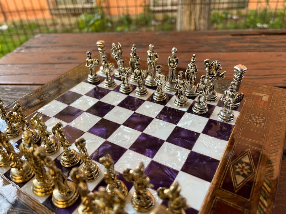 Pearl Chessbox w Handmade Chess Set - Metal Chess Pieces - Purple Chess ...
