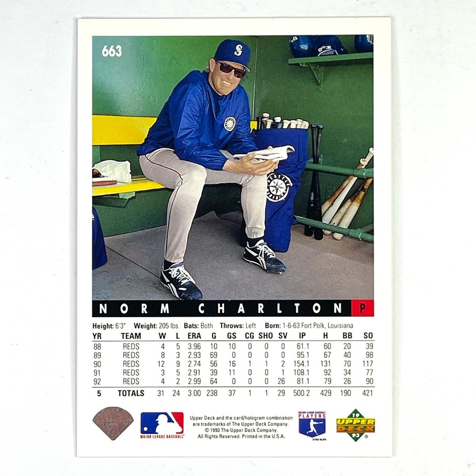 Norm Charlton 1993 Upper Deck Baseball Card MLB #663 Seattle Mariners ...
