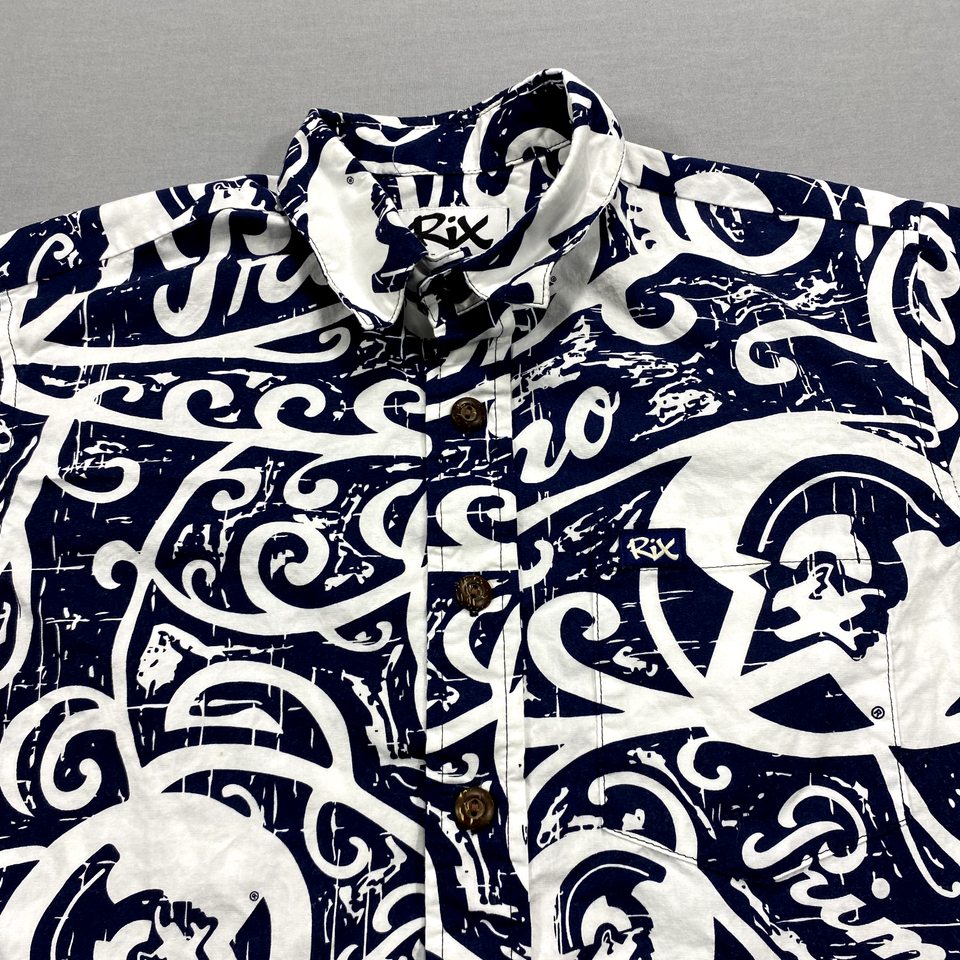 Primo Beer RIX Shirt Mens Medium Blue White Tribal Hawaiian Casual Camp ...