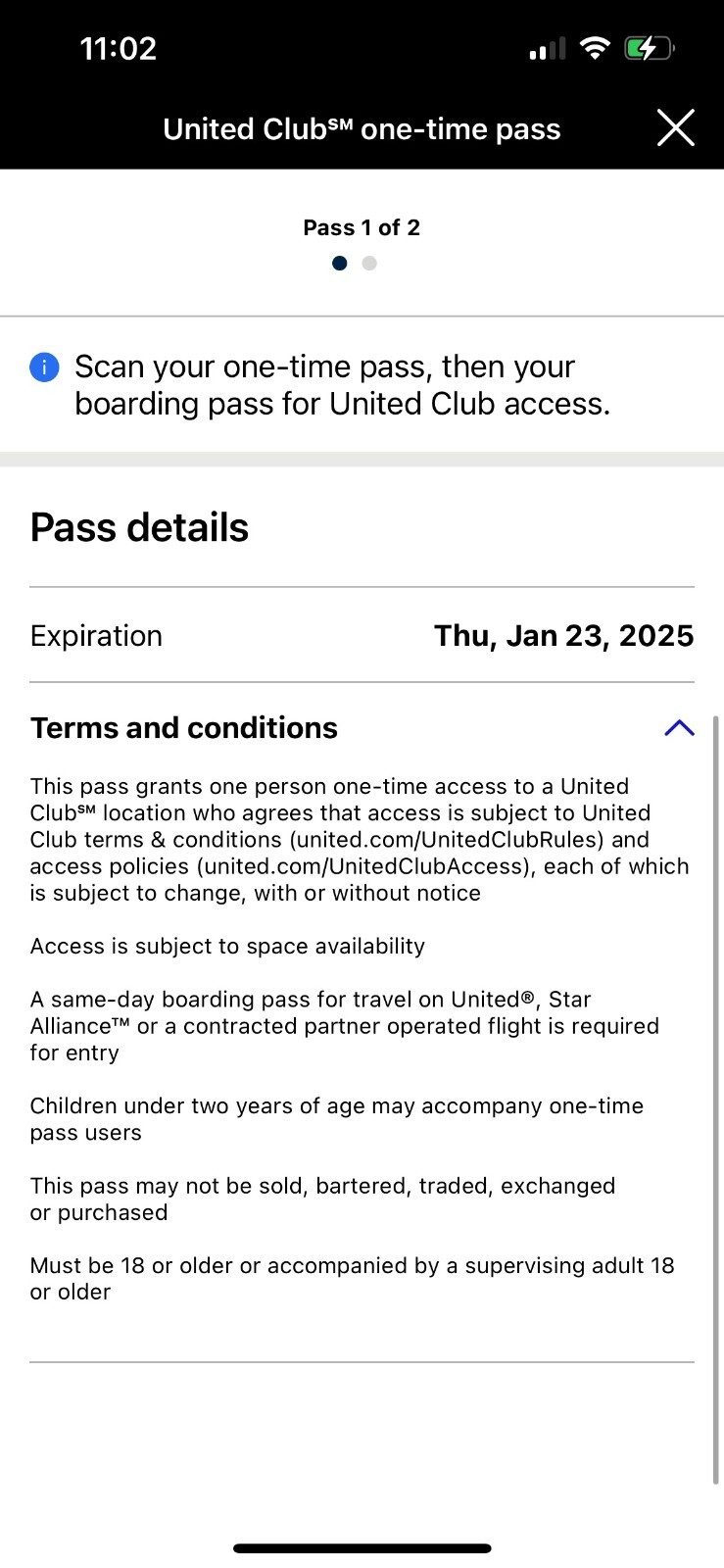 (2) Two United Airlines Club Lounge One-Time Pass Expires 1/23/2025 - E ...
