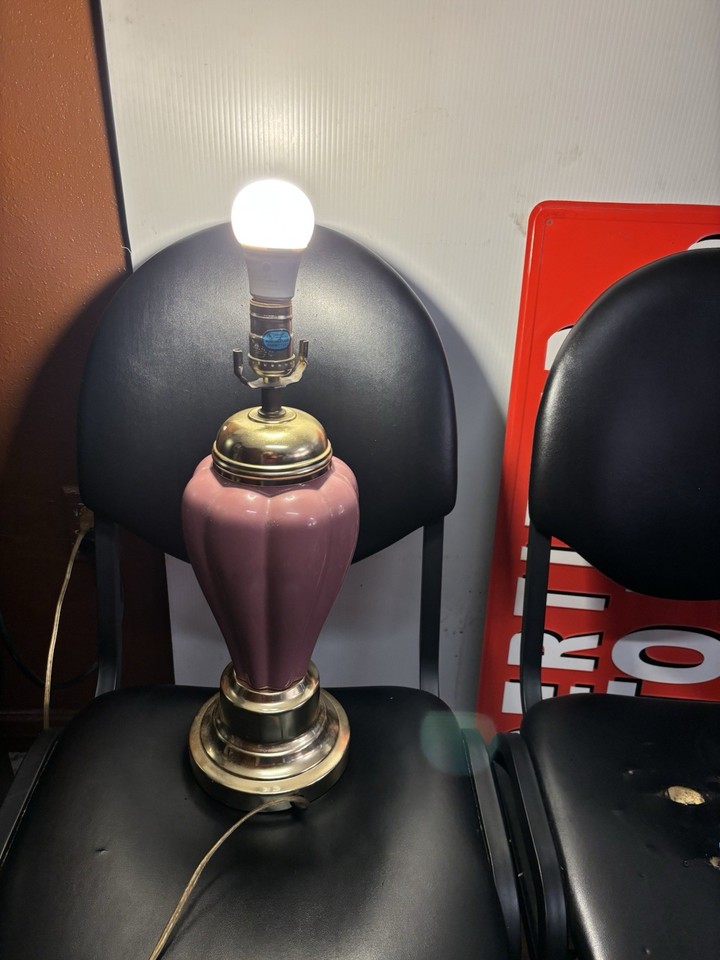 Vintage Pink Ceramic Table Lamp Brass Base Hollywood Regency MCM No ...