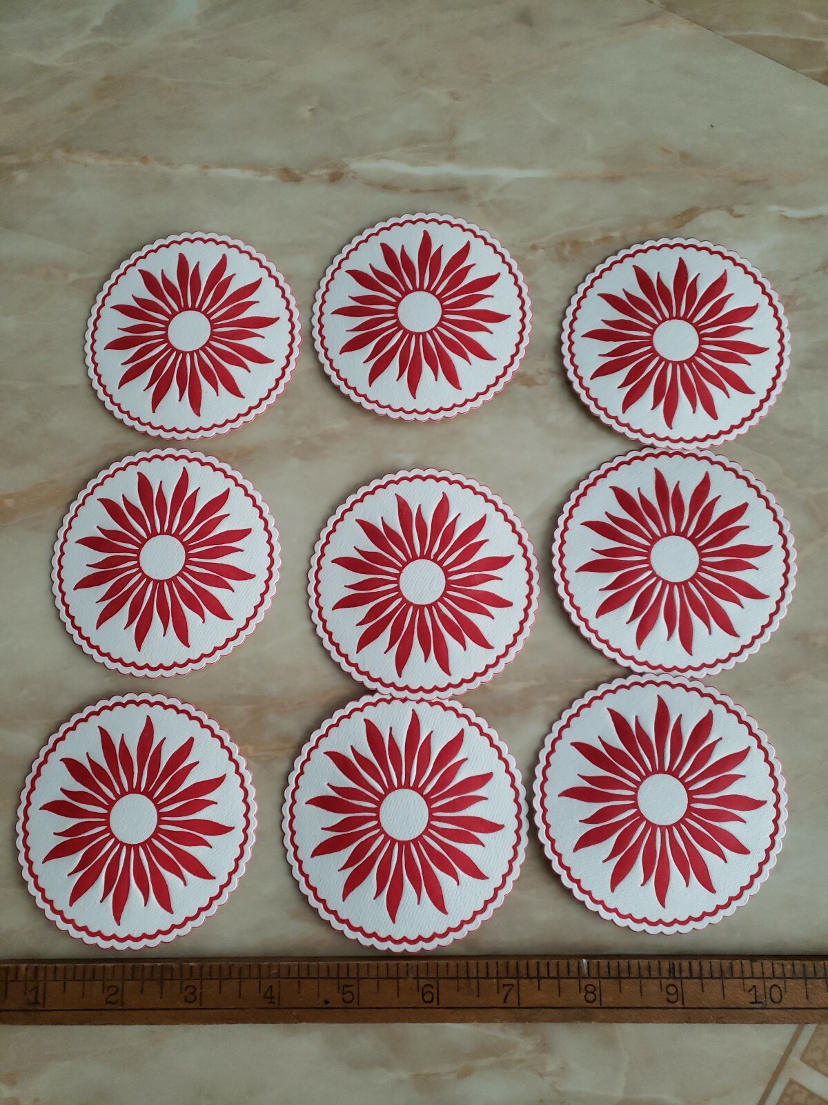 Vintage Paper Coasters Barware Red White Flower Sun set of 9 MCM | eBay