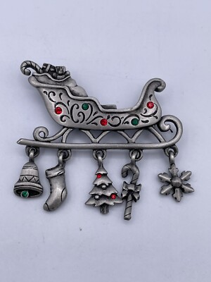 Vtg JJ Signed Rhinestone Pewter Tone Christmas Santa Sleigh Charm ...