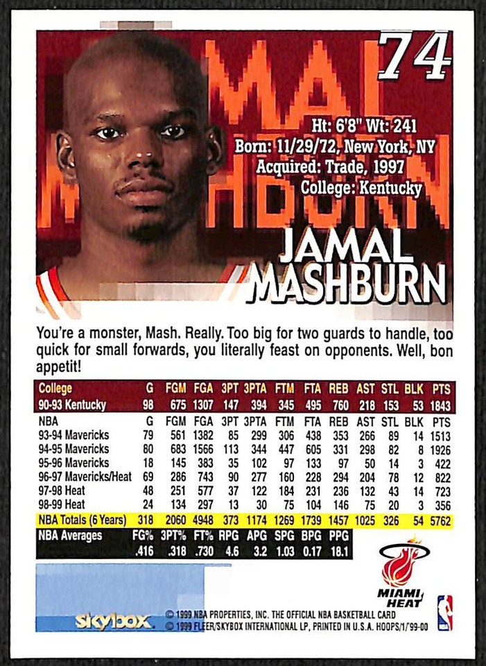 1999 Hoops Jamal Mashburn #74 Miami Heat | eBay