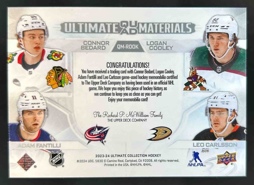 2023-24 Ultimate Connor Bedard Logan Cooley Fantilli Carlsson Quad RC ...