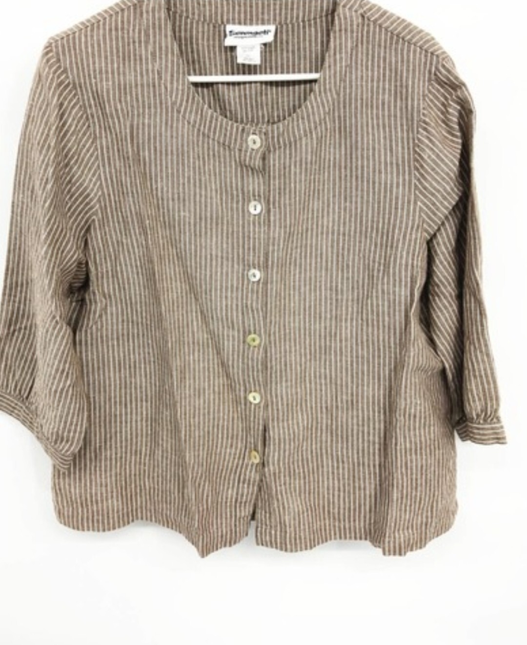Serengeti L 3/4 Sleeve Brown White Pinstripe Linen Blend Button Up Top ...