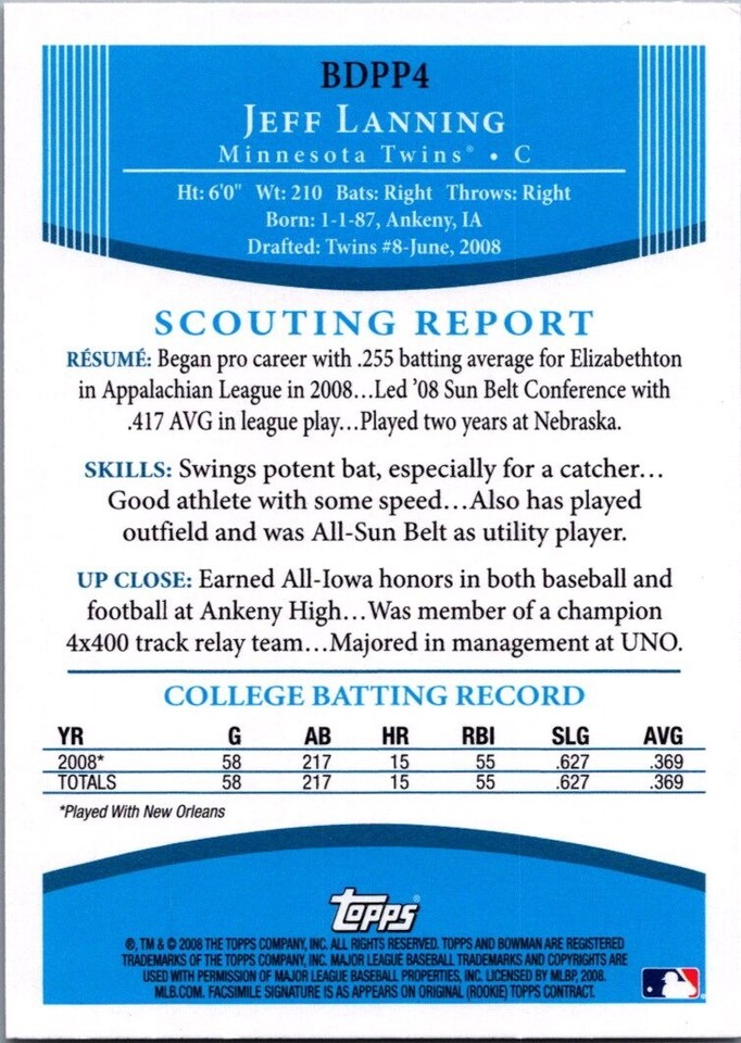 2008 Bowman Draft Prospects #BDPP4 Jeff Lanning DP Minnesota Twins | eBay