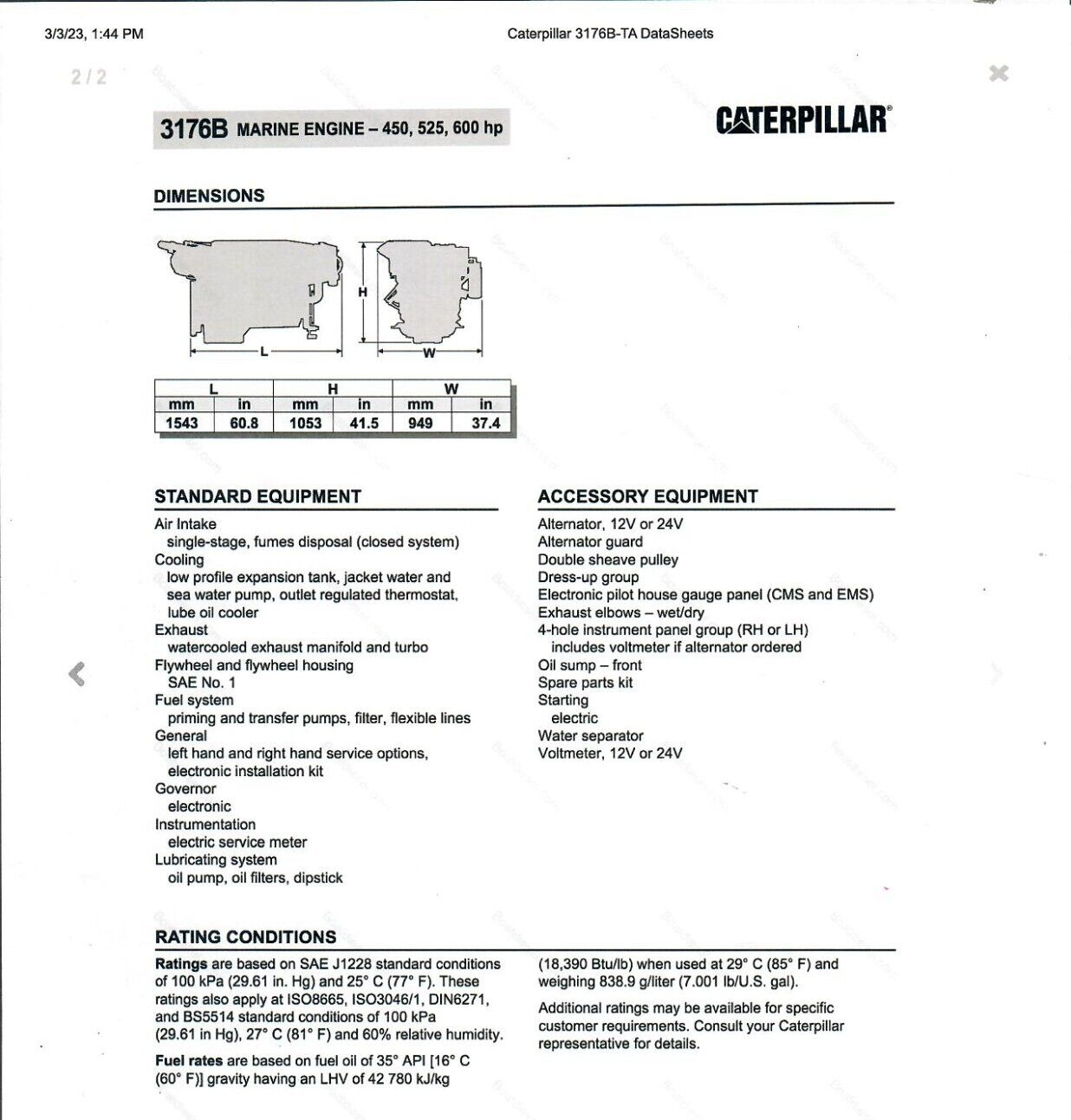 Caterpillar CAT 3176B, Turbocharged Marine Diesel Engine, 600 HP @ 2300 ...
