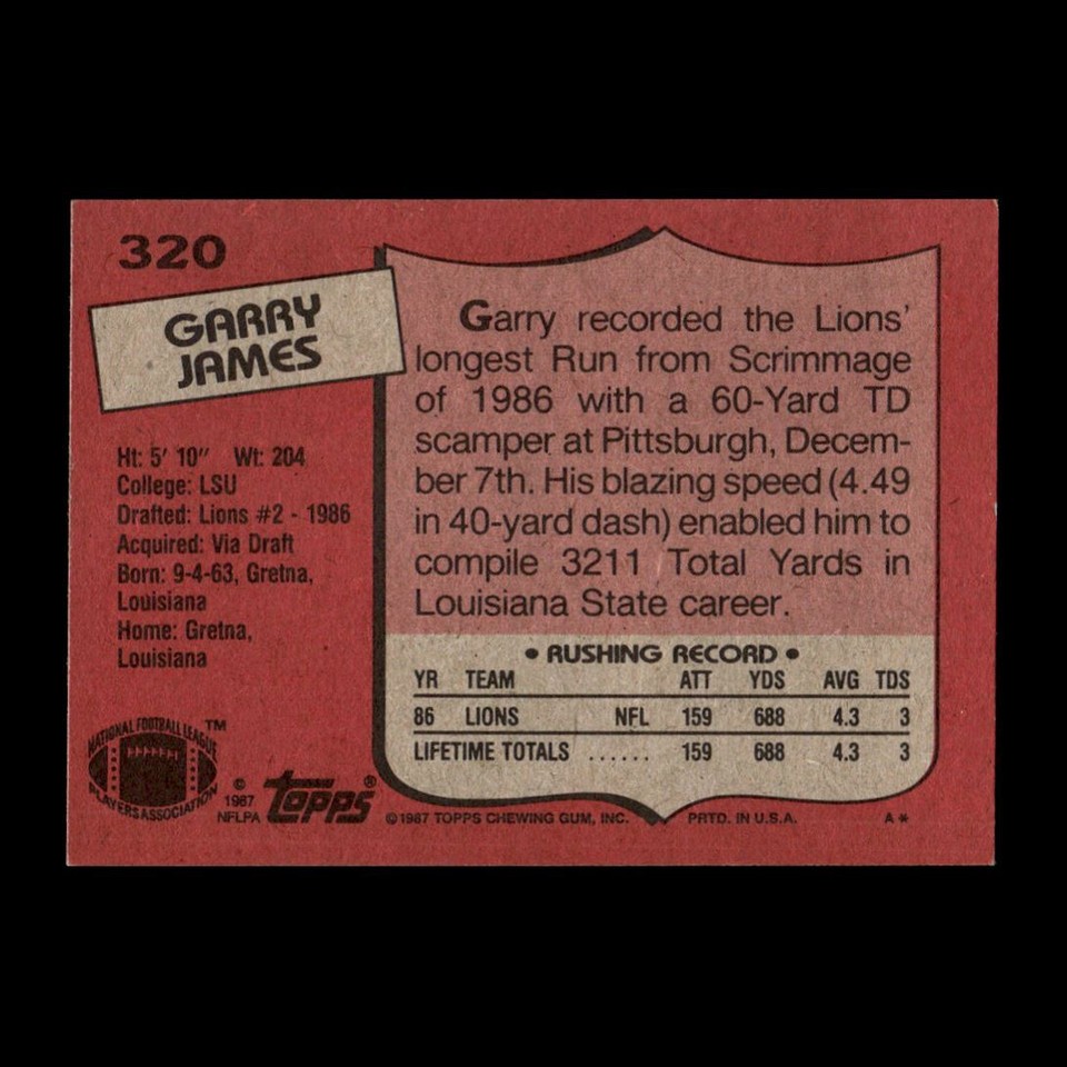 Garry James 1987 Topps Detroit Lions #320 Nice Vintage Set! | eBay