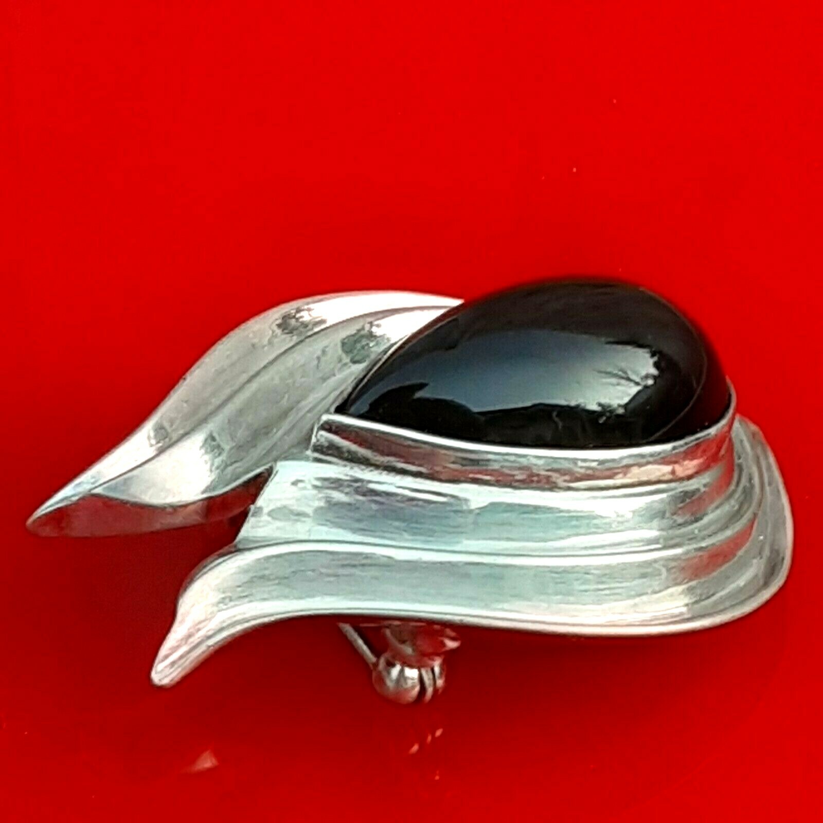 Vintage Krypell 925 Sterling Silver Ribbed w/ Black Onyx Modern Brooch ...