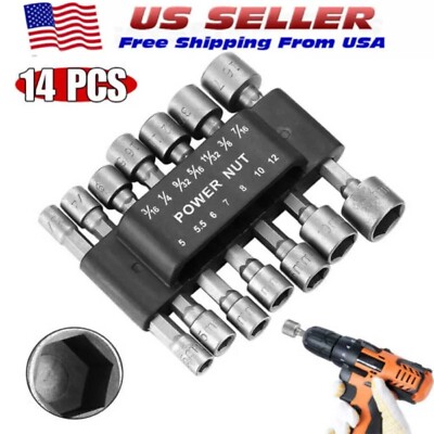 14PC POWER Nut Driver Drill Bit Set Socket Bit Adapter metric & SAE ...