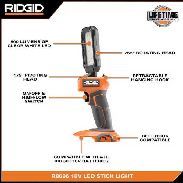 RIDGID LED Stick Light - Spotlight & Hybrid Panel Light 18V Cordless | eBay