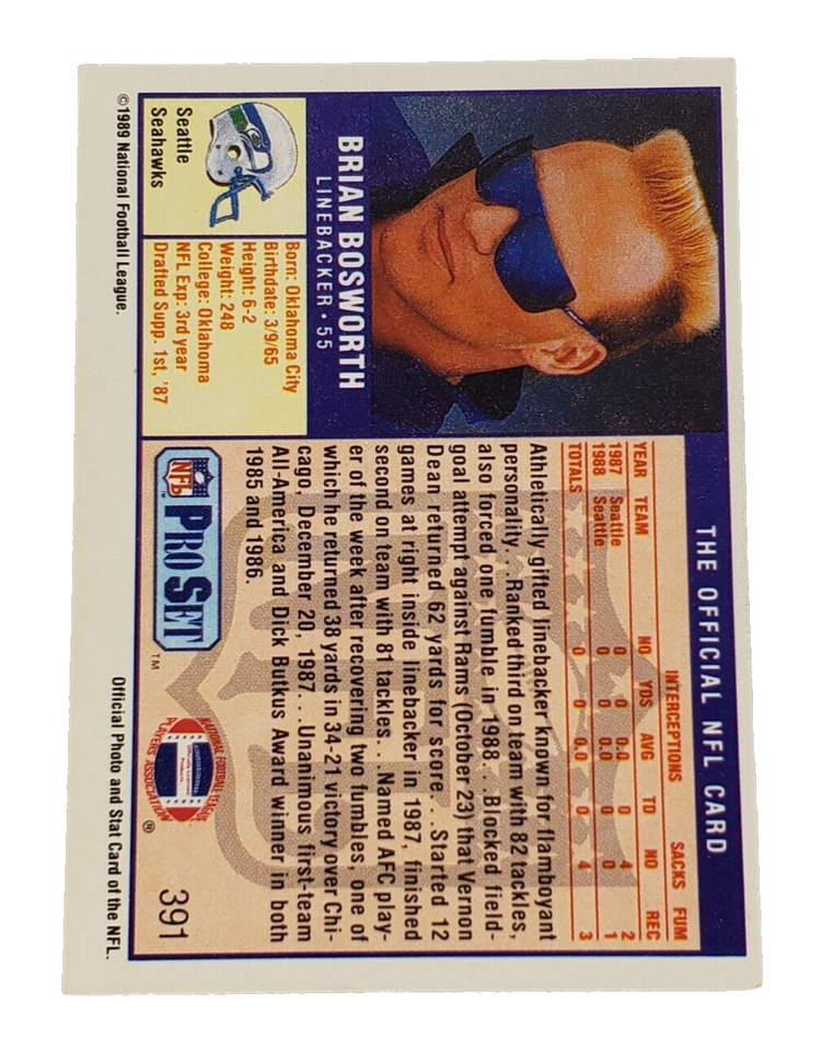 1989 Pro Set Football Brian Bosworth #391 Seattle Seahawks NFL "The BOZ ...
