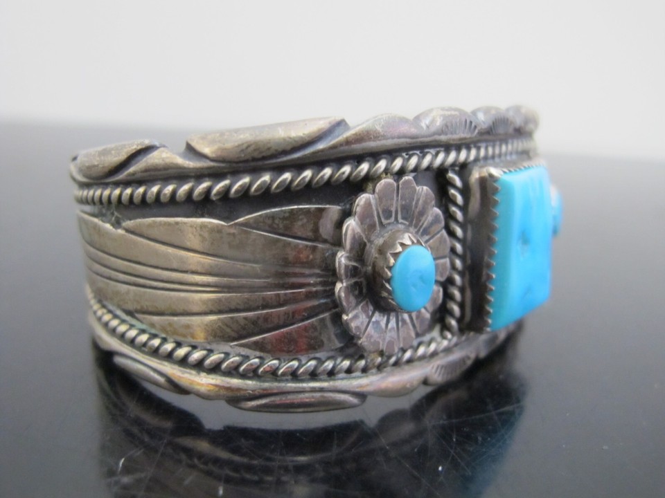 NAVAJO Native American Signed TURQUOISE Sterling Silver FLOWER Cuff ...