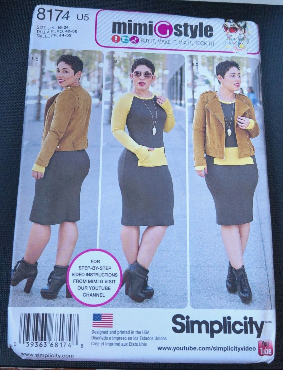 Simplicity Pattern 8174 Ms MIMI G STYLE Moto Jacket & Fitted Knit Dress Sz 16-24 | eBay