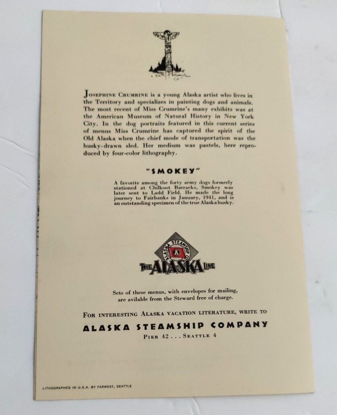Vintage. Josephine Crumrine "Smokey" Alaska Steamship Company Menu | eBay