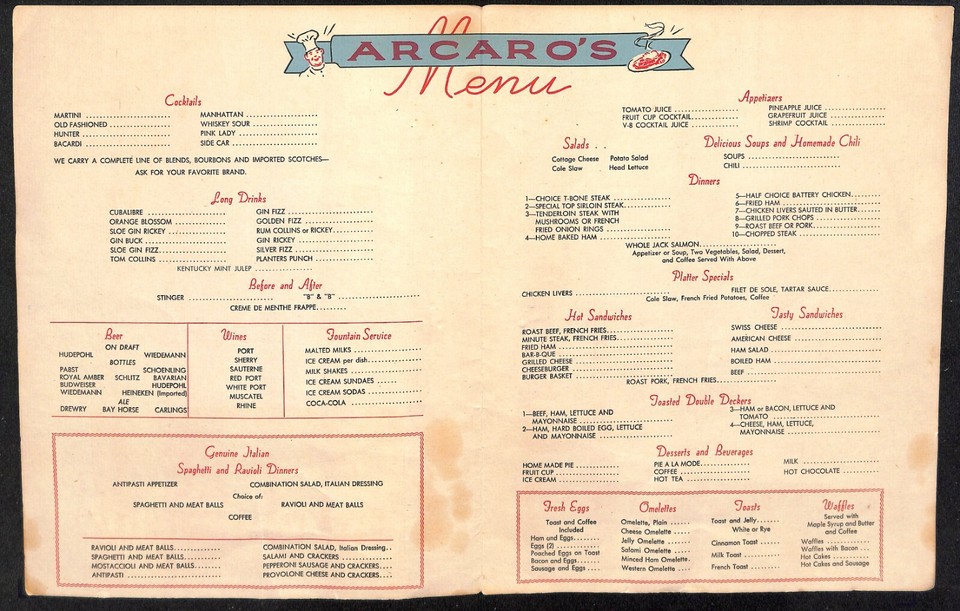 Scarce c1948-52 Arcaro's Restaurant Menu Kentucky Derby Erlanger, KY ...