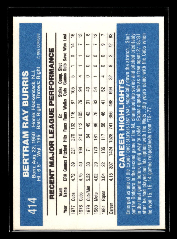 1982 Donruss Baseball #414 Ray Burris "Set Break" Mint Montreal Expos ...