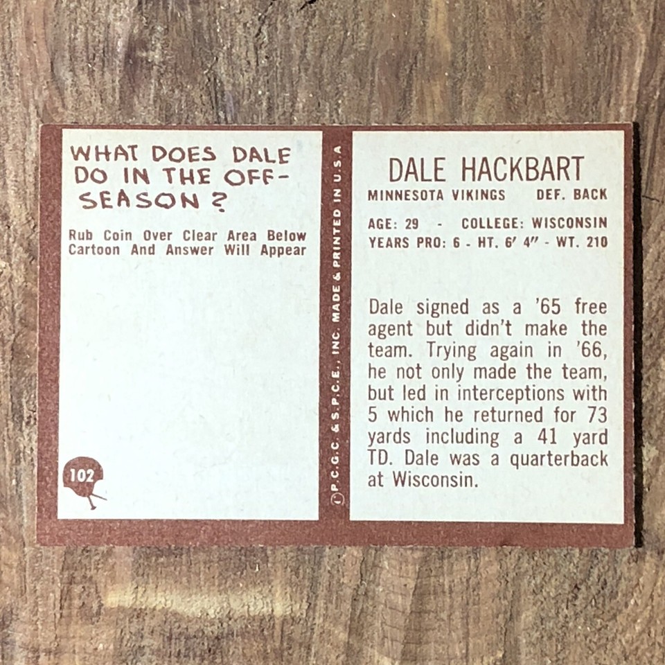 1967 Philadelphia Football Dale Hackbart #102 NM Rookie RC Minnesota ...