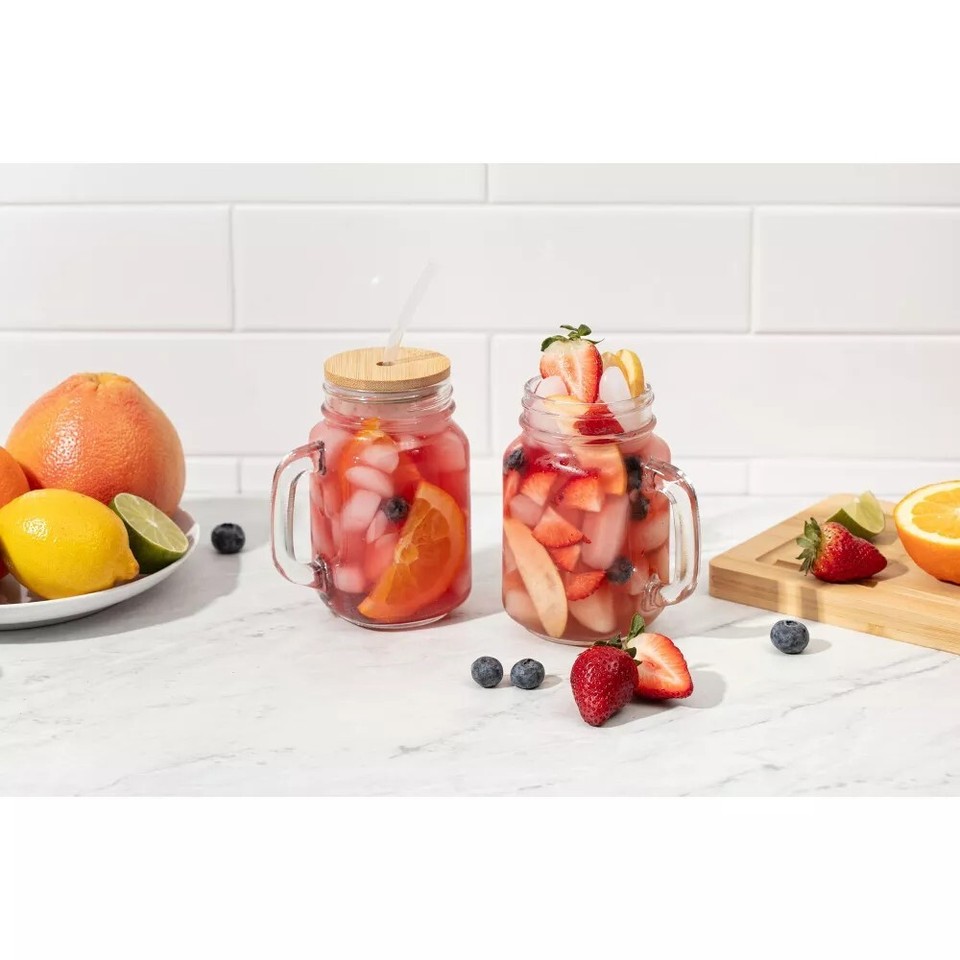 4PC Glass Jars with Bamboo Lids and Straw, 16oz Mason Jar Drinking ...