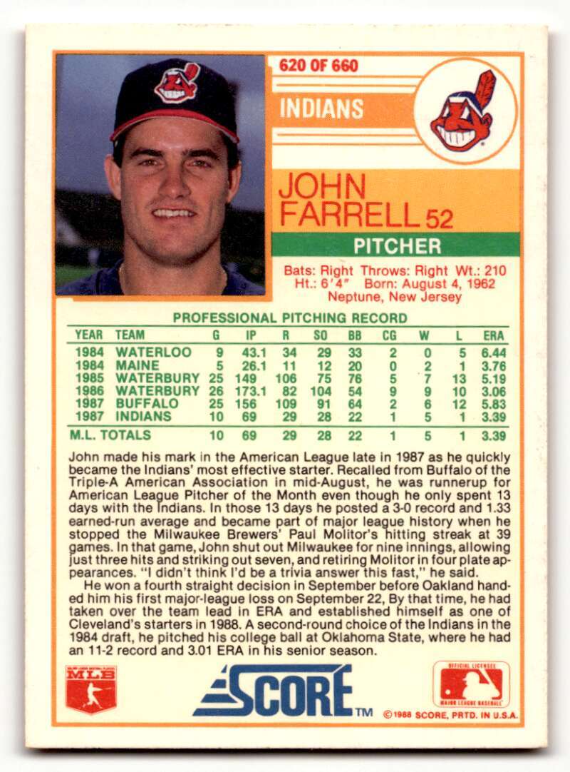 1988 Score #620 John Farrell Cleveland Indians Baseball Cards EX/NM ID ...