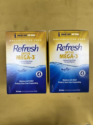 2 New Refresh Optive Mega-3 Lubricant Eye Drops - 60 Vials Each Box Exp ...