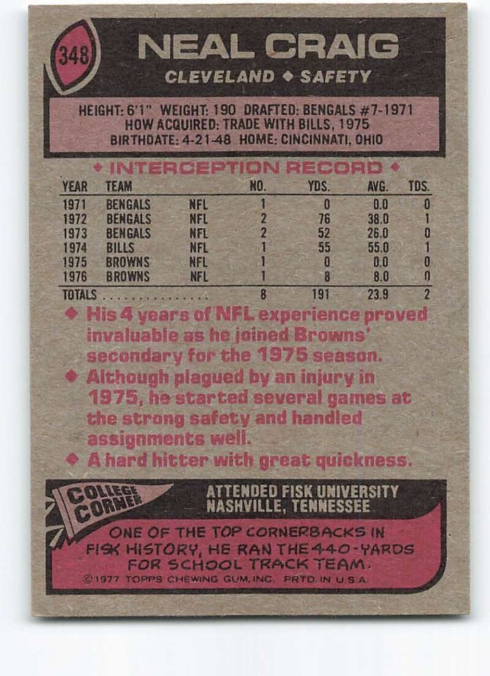 1977 Topps #348 Neal Craig EX Excellent Browns 114774 | eBay