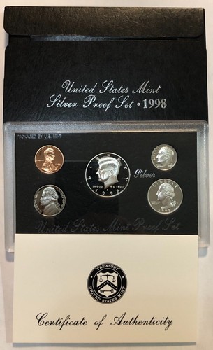 1998-S SILVER 5-coin U.S. Proof Set w/ box & COA. (EXACT COINS SHOWN ...
