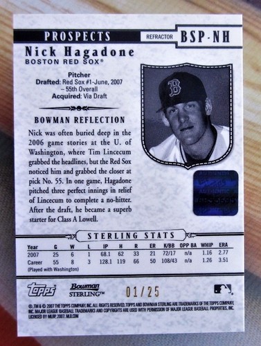 2007 Autograph Nick Hagadone Black Refractor # 1 of 25 Bowman Sterling ...