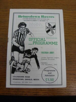 17/11/1992 Brimsdown Rovers v Waltham Abbey (rusty staple). Price ...
