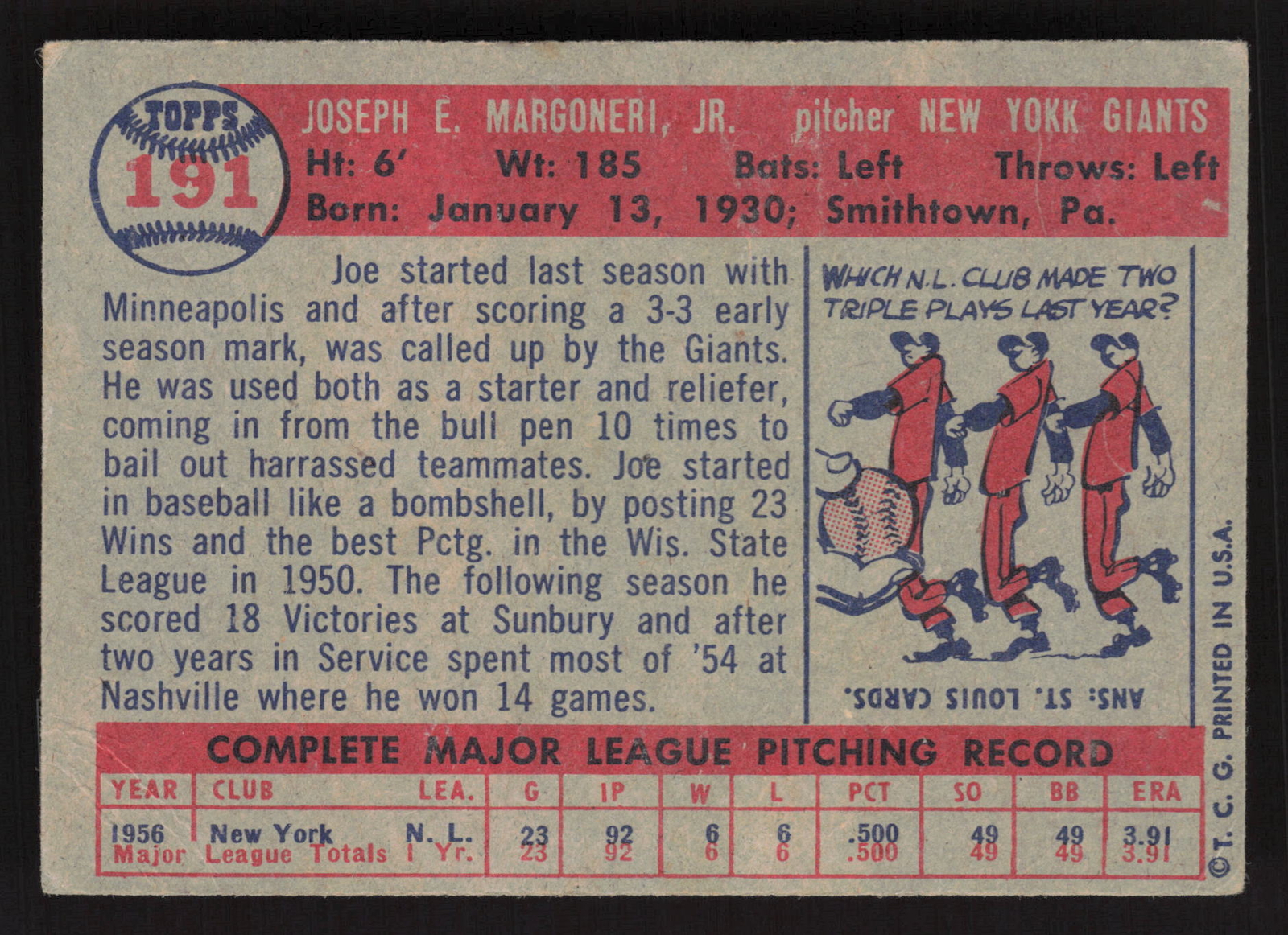 Joe Margoneri 1957 Topps Rookie #191 New York Giants VG-EX CR b | eBay