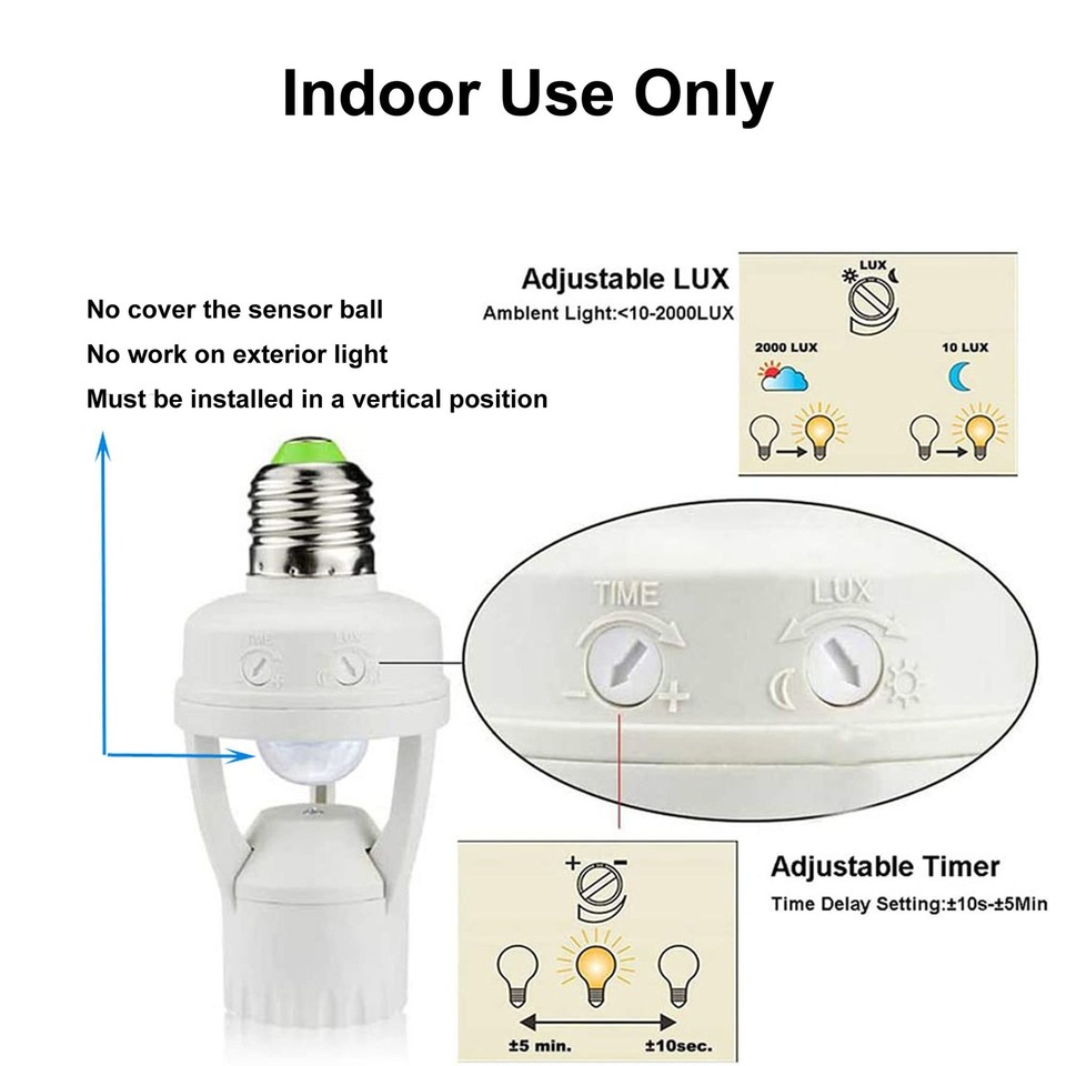 2 pack Screw-In Motion Detector Sensor Light Socket 360° up to 25' All ...
