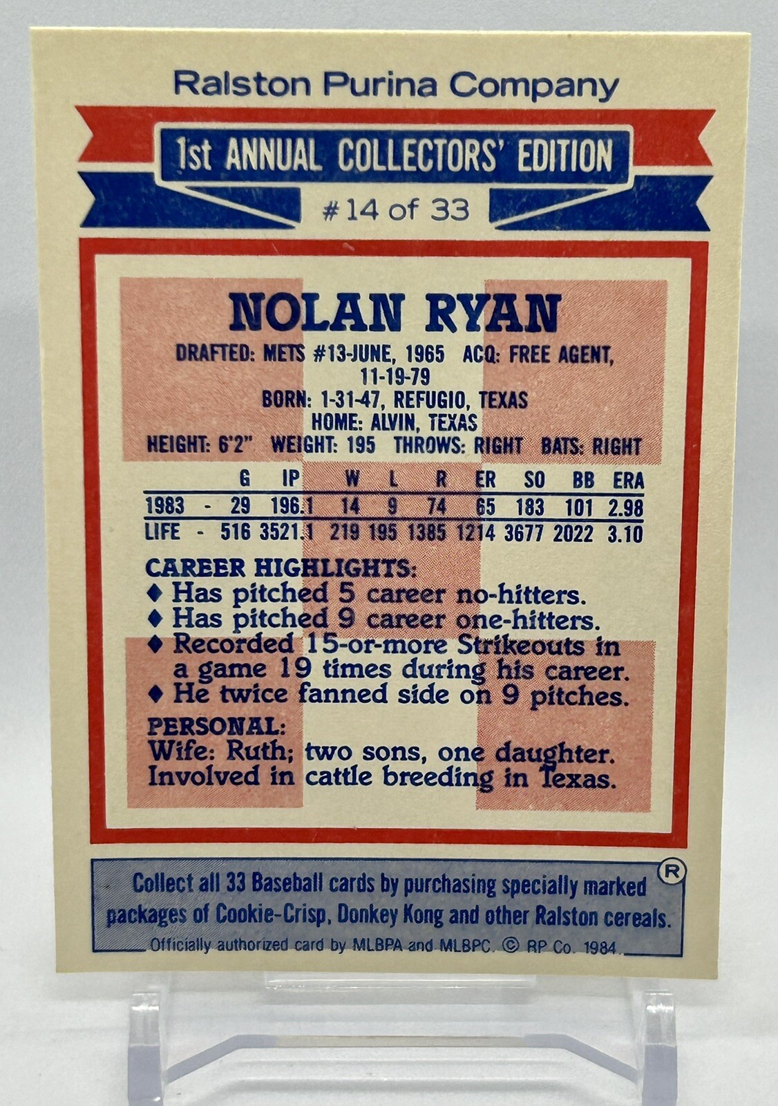 1984 Topps NOLAN RYAN Ralston Purina Company Houston Astros #14 - FREE ...