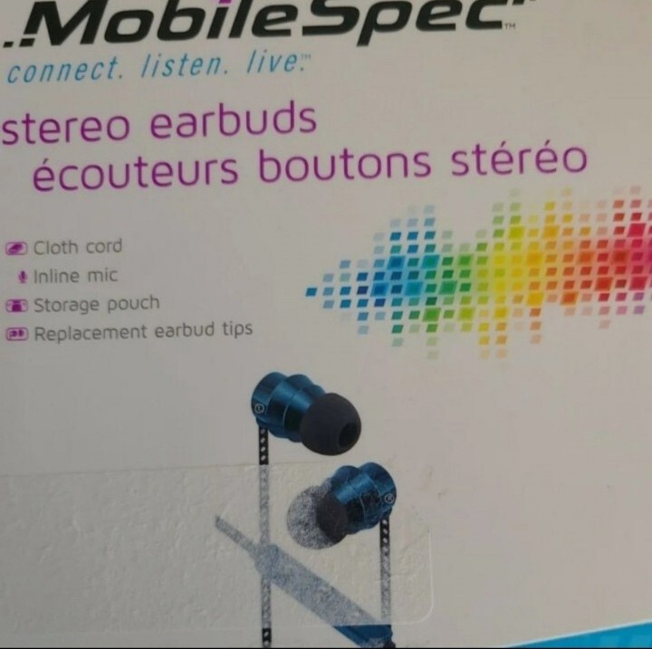 Mobile spec stereo earbuds cloth cord/ in-line mic/ storage pouch **NEW ...