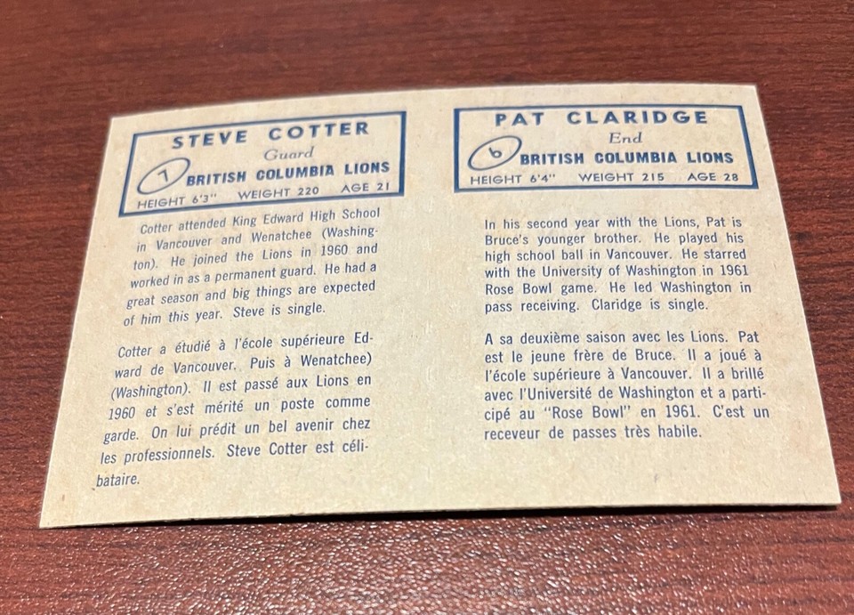 1962 Topps CFL #6 #7 Panel Pat Claridge Steve Cotter B.C. Lions EX+ | eBay