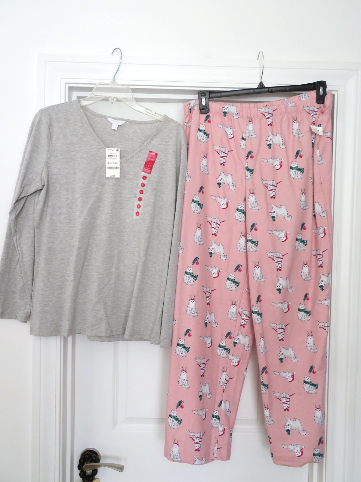 NWT NEW Charter Club 2 pc pajamas set Lg pink grey holiday cats t shirt ...