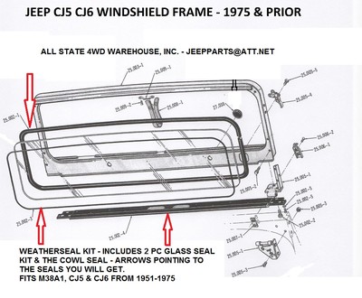 WINDSHIELD FRAME COWL & GLASS SEALS 1951-1975 FITS JEEP CJ5 CJ6 M38A1 ...