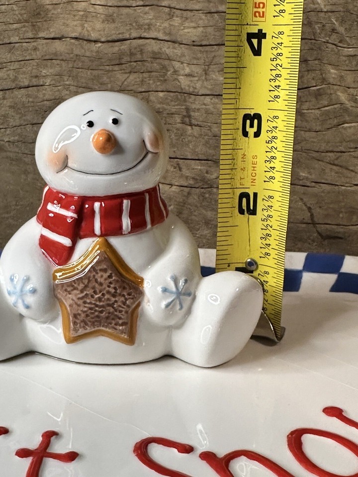 Let It Snow Platter Snowman blue and white checkered. Ceramic Christmas ...